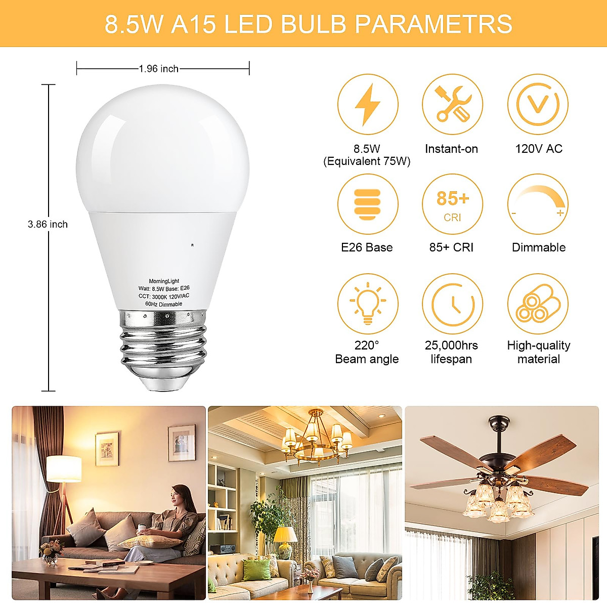 MorningLight 8 Pack A15 LED Light Bulb 75 Watt Equivalent, 3000K Soft White, 800LM, Efficient 8.5W Fan Light Bulb, A15 Light Bulbs 75 Watt for Wall Sconces, Pendant Light, 25000+ Hours Lifespan, E26