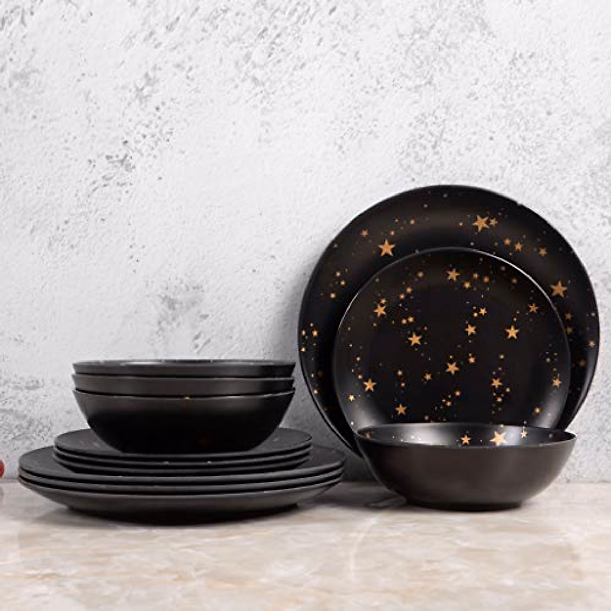 Melamine Dinnerware Sets for 4,12 Piece Plates and Bowls Sets - BPA Free, Dishwasher Safe, Outdoor Indoor Use,Star Pattern
