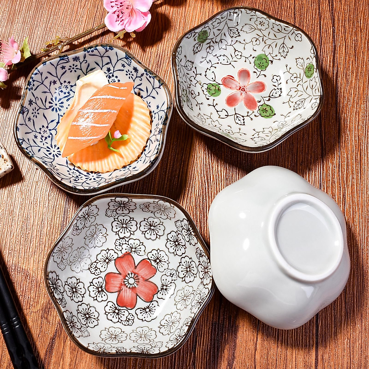 Japanese Style Soy Sauce Dishes set of 8, Ceramic 4-inch Plum Flower Dishe Serving for Dumpling, Side Dish, Sushi (8)