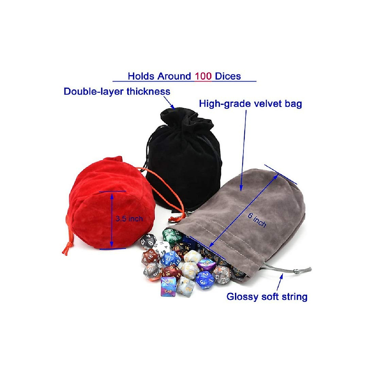 zmgmsmh Drawstring Dice Bag Chess bag small pouch hold chess pieces velvet Fabric Dice Pouch cosplay coin pouch Velvet Jewelry Bag Red/Grey/Black (3, Multicolor)