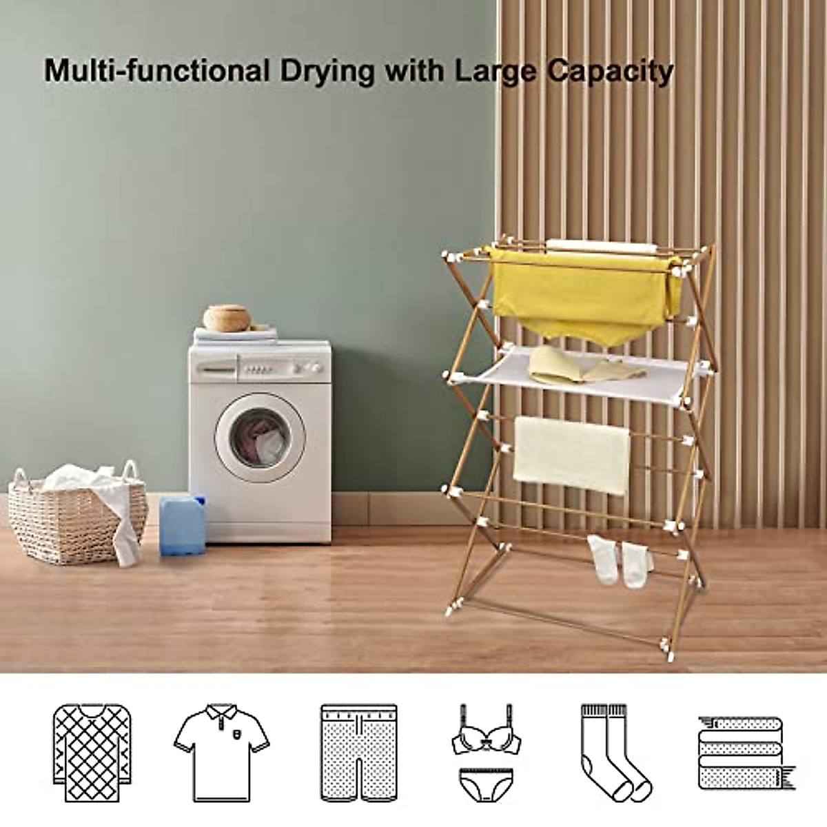 Clothes Drying Rack, Heavy Duty Metal Drying Rack Clothing, Foldable Oversize Wooden Look Laundry Drying Rack for Drying Clothes, Space Saving, Portable Indoor Outdoor Use 40.2" x 27.6" x 14.4"