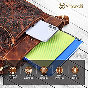 LEVOGUE Genuine Leather Crossbody Handbag for Women - Shoulder bag for Womens Handmade by VALENCHI (Cognac Vintage-Flower)