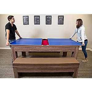 Hathaway Newport 7-ft Pool Table Tennis Combination with Dining Top, Two Storage Benches with Accessories - Driftwood