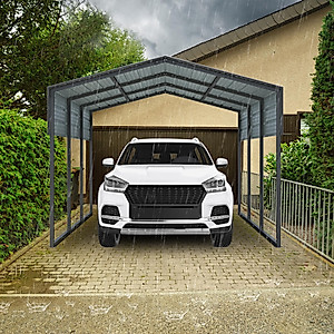 10x15 Ft Metal Carport, Heavy Duty Car Port with Galvanized Steel Roof, Outdoor Car Garage, Large Carport Canopy, Steel Car Shelter for Car, Boats and Truck, Charcoal Black