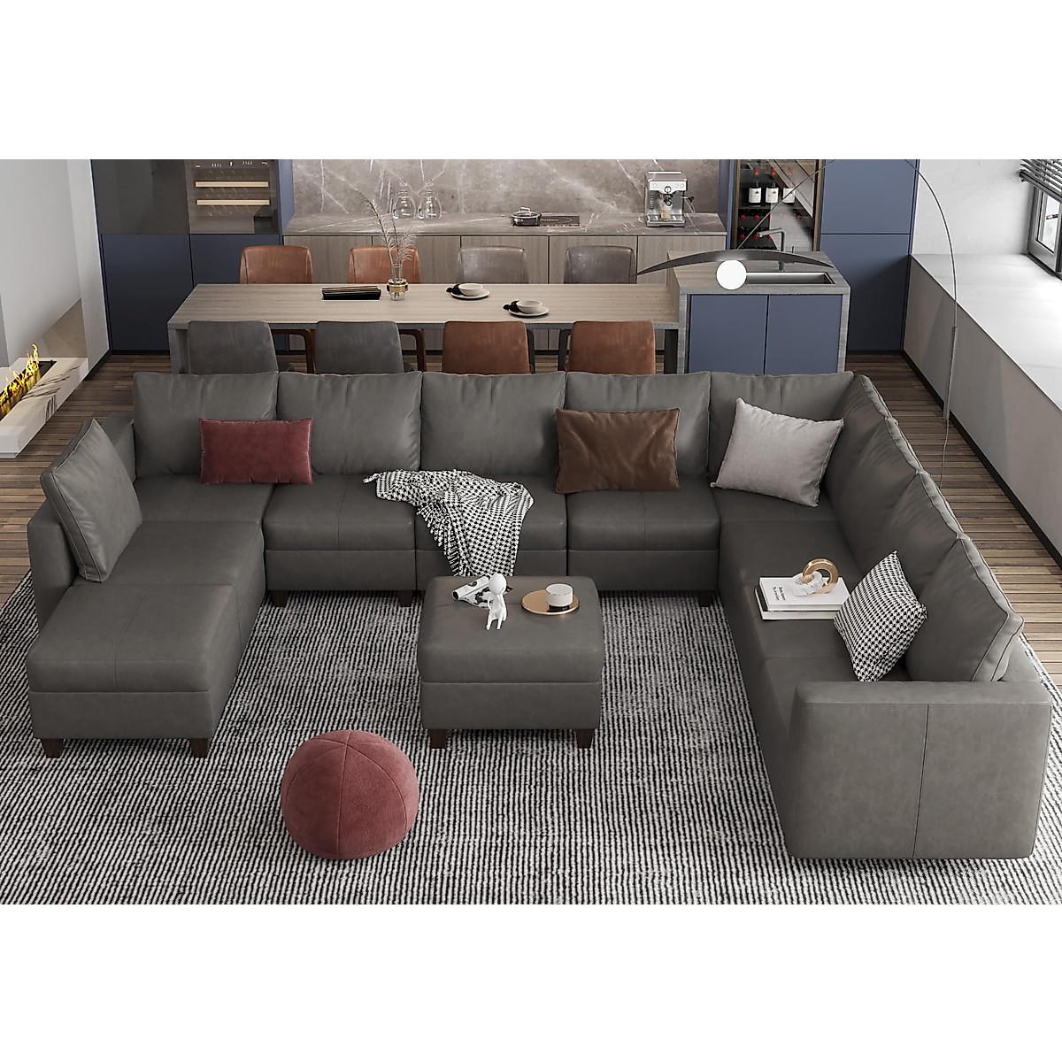 EASE MOOSE Convertible Modular Couch U Shaped Sofa with Storage Seat, Faux Leather Modular Sectional Sofa Oversized Sleeper Sofa with Reversible Chaises, Grey