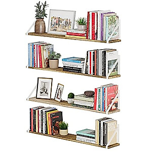 Wallniture Bora 36" Long Floating Shelves for Wall, Rustic Wall Shelves for Living Room, Wall Bookshelf, Kitchen Wall Shelf, Bathroom Shelves for Storage, Office Shelves Set of 4, Burnt