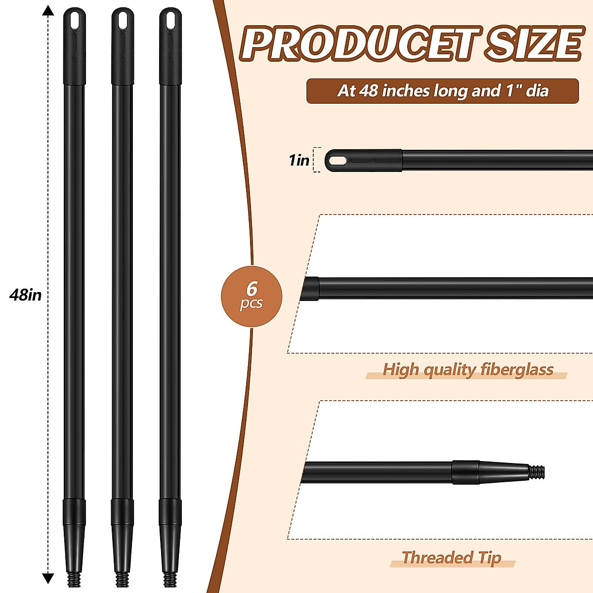 Ziliny 6 Pcs Fiberglass Broom Handle Replacement Handle Broom Stick Pole with Threaded Tip for Commercial Cleaning, 1" Dia x 48" Long, Black