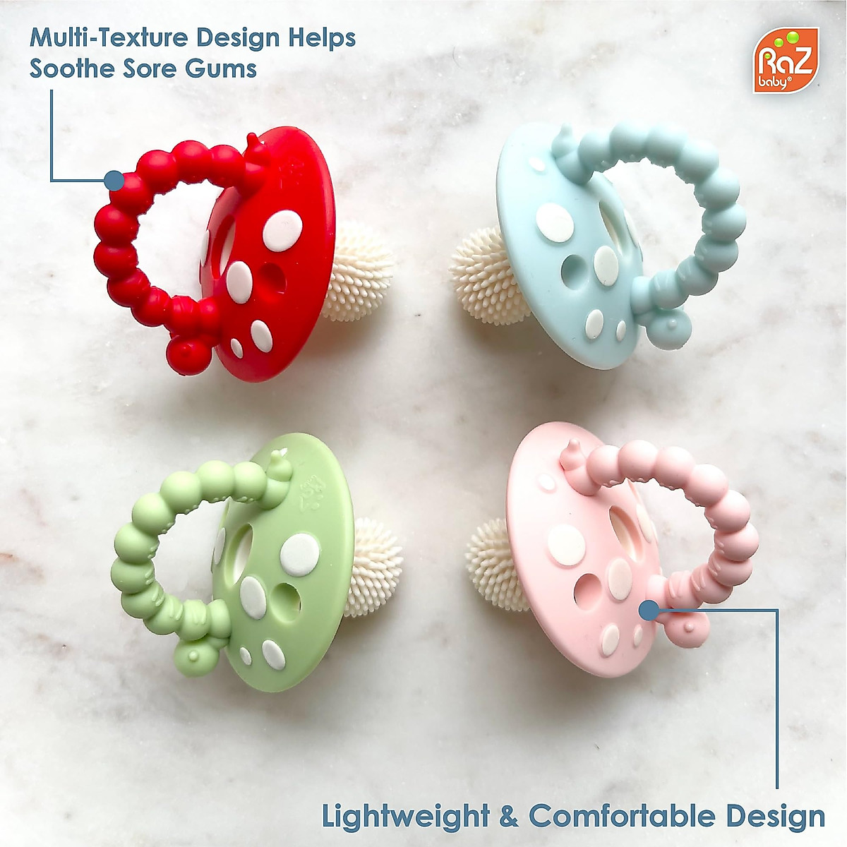 RaZbaby Chompy Teether for Infant & Baby 3M+ Teether Toy with Massaging Bristles for Teething Relief Pacifier - Soothes Sore Gums - Hands-Free & Easy-to-Hold Teether, BPA Free - RED/Blue