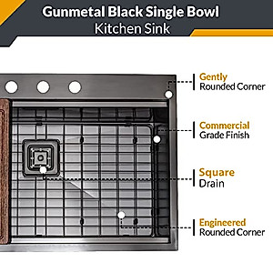 Strictly Sinks 33” Topmount Kitchen Workstation Sink-Gunmetal Black Single Bowl 16 Gauge Stainless Steel Drop In Sink, Acrylic Cutting Board,Cutting Board with Strainer Bowl & Bottom Protector Grid