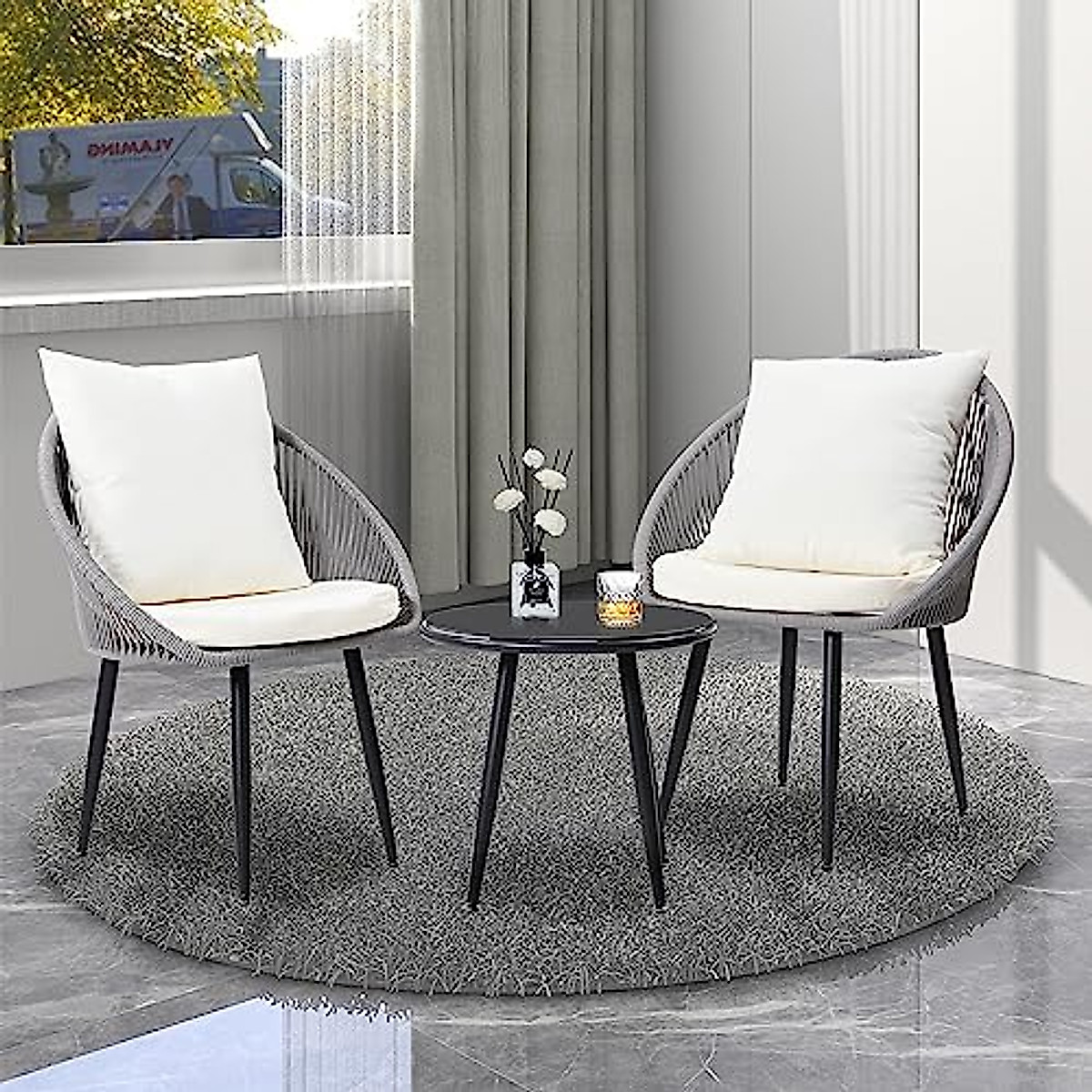 BETTAHOME 3 Piece Bistro Set, Patio Furniture Set with Cushion and Pillow, Outdoor Balcony Woven Chairs and Table, Grey and Black