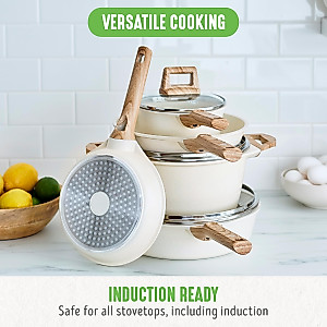 GreenLife Arte 8 Piece Ceramic Nonstick Cookware Pots and Pans Set, Induction Suitable, PFOA & PFAS Free, Wood Print Handles, Glass Lids, Stock Saucepans & Frying Pans, Dishwasher Safe, Speckled Cream