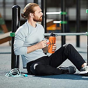 LaiChary 32oz Wide Mouth Basketball Water Bottle with Two Lids(Straw, Handle Lid), 18/8 Stainless Steel Vacuum Insulated for Travel & Sport Cup. (Basketball Brown, 32oz)