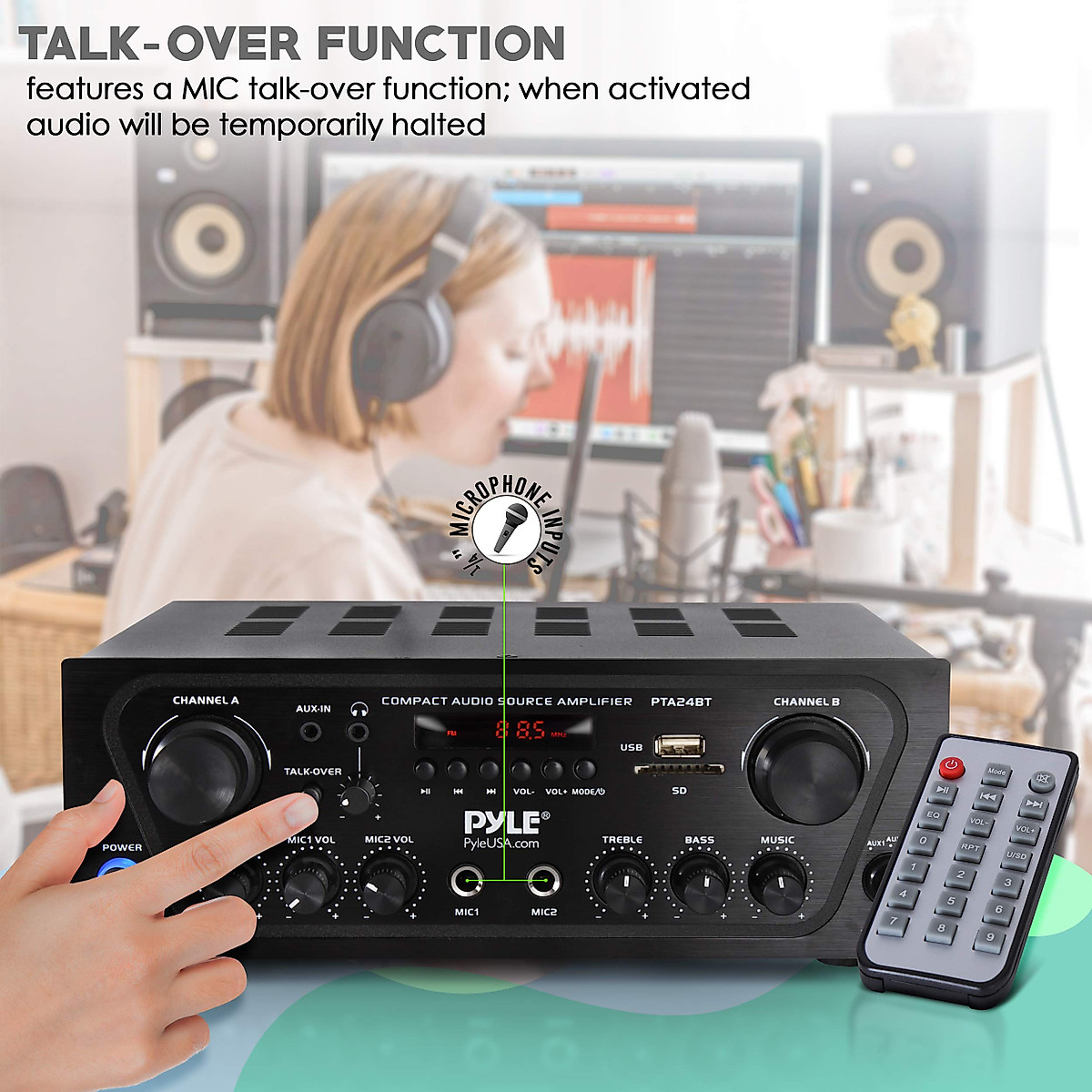 Pyle -Upgraded- 2 Channel Karaoke Home Audio Amplifier w/Bluetooth for Streaming, AUX-in, USB, 2 Microphone Input w/Echo Effect, Talkover for PA, Compact Footprint, Black