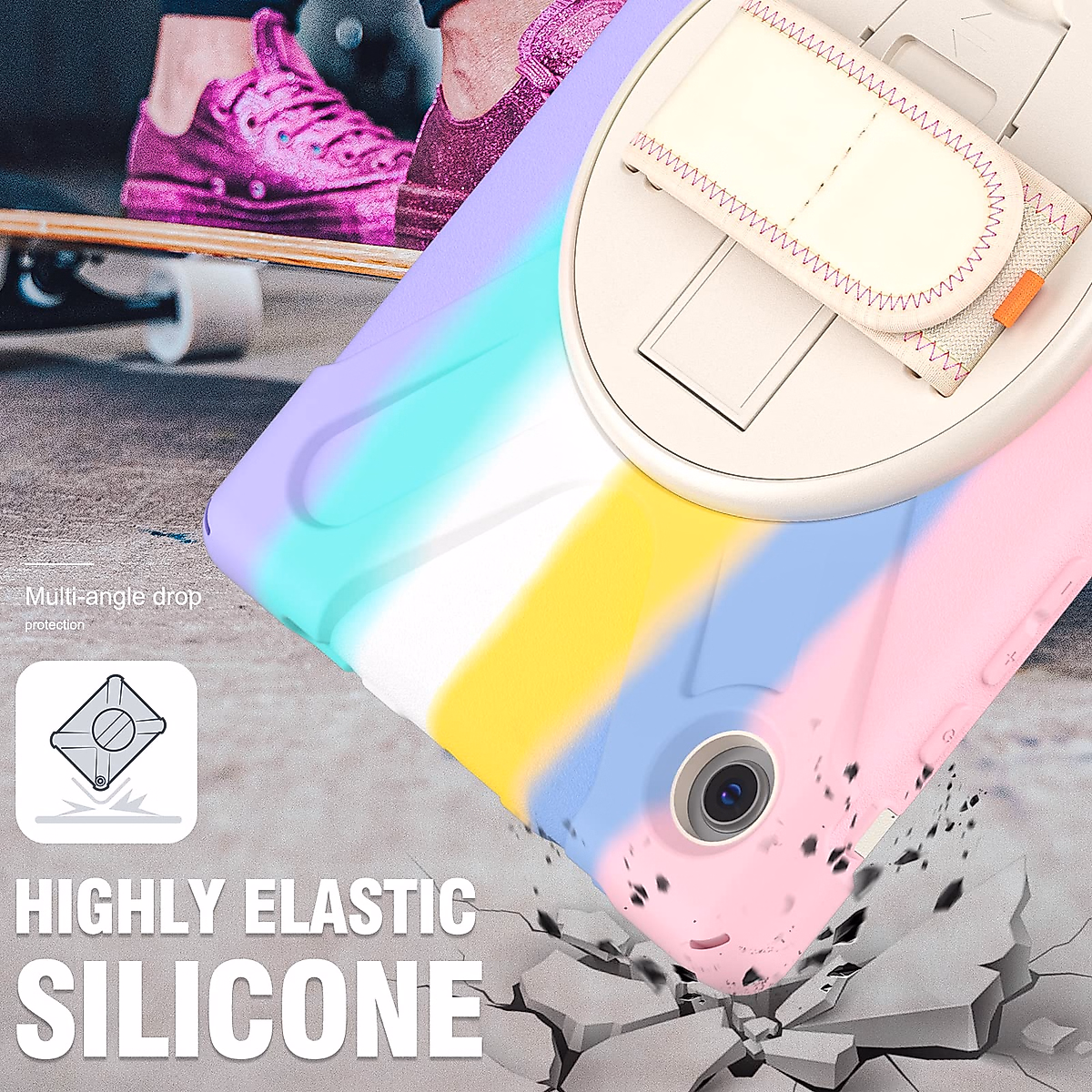 TSQQST Case for Samsung Galaxy Tab A8 10.5" 2022 for Kids Girls with Screen Protector Stand&Hand Strap | Rugged Protective Case for Samsung A8 Tablet SM-X200/X205/X207-Rainbow Pink