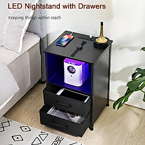 LOAKEKEL Night Stand, LED Nightstands Set of 2 with Charging Station, End Tables with USB Type C Port and Outlets, Bedside Table with 2 Fabric Drawers for Bedroom, Black, HNS032BK