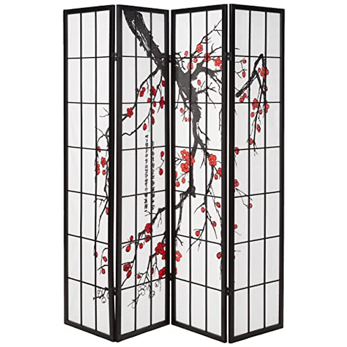 Roundhill Furniture Black Japanese 4-Panel Screen Room Divider, Plum Blossom