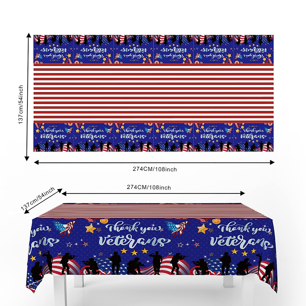 tineit 3 Pieces Veterans Day Decorations Tablecloth,Thank You Veterans Tablecover American Flag Patriotic Soldier Veterans Day Table Decorations, Happy Veterans Day TableCover 54 x 108 Inch