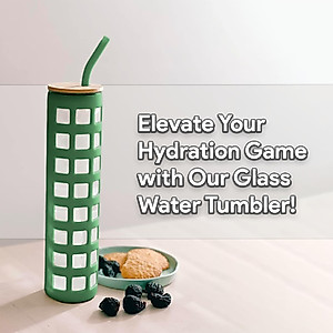 purifyou 32 oz Glass Tumbler with Straw, Bamboo Lid & Protective Silicone Sleeve Glass Tumbler with Volume & Time Markings for Hot & Iced Coffee, Smoothie, Boba Tea (Shale Green)