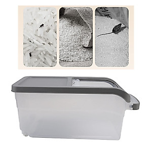 Rice Storage Container, Rice Container, 10kg/22 pounds 15.2 x 7.2 x 8.3in Transparent Rice Bin Cereal Dispenser Airtight Grain Holder with Measuring Cup and Wheels for Organization (Grey)