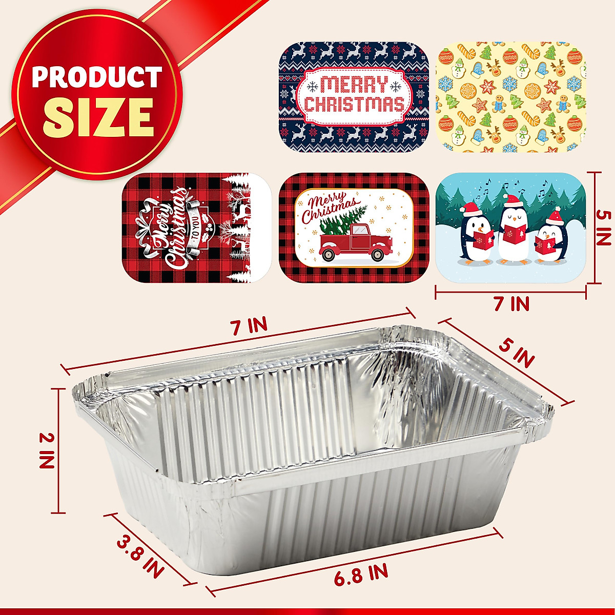 JOYIN 48 Pieces Christmas Foil Containers with Lids, 8 Holiday Designs, 7"x5"x2" Rectangular Treat Foil Containers, Disposable Food Storage Pan for Holiday Leftovers Goodie Container