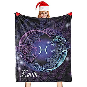 CUXWEOT Custom Blanket with Name Text Personalized Pisces Zodiac Soft Fleece Throw Blanket for Gifts (50 X 60 inches)