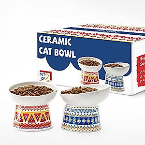 YauYik Raised Cat Food Bowls - Ceramic Tilted Cat Food and Water Bowl Set - Elevated Pet Feeding Bowls Stress Free for Kitten Elder Cats Small Dogs, Anti Vomiting, Neck Protection, Set of 2