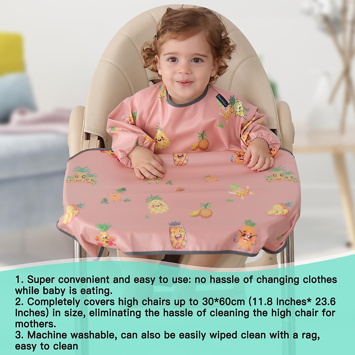 PewinGo Weaning Bib & BLW Attaches and Fully Cover to Baby Highchair, Long Sleeves Bib with Waterproof, Machine Washable & Comfortable,Easy to Clean, Suitable for Baby Infant-Pink