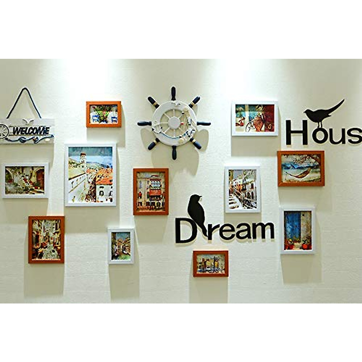 Hooshing Boat Steering Wheel Decor Wooden Mediterranean Style Crafts Rudder Wall Decoration Fishing Net for Wall Door Home Office White