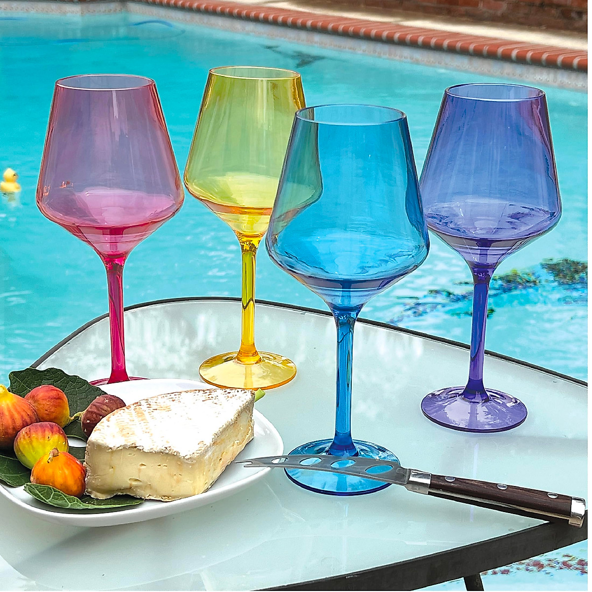 Lily's Home Acrylic Wine Glasses with Stems. Set of 4 Colored, Reusable, Unbreakable and Shatterproof Poolside Outdoor Wine Glasses. BPA-free plastic. (Stemmed)