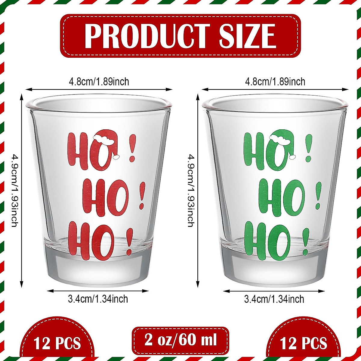 Sliner 24 Pcs Christmas Shot Glasses 2 oz Holiday Glass Cups with Ho Ho Ho Print Mini Christmas Glasses Drinkware Bulk for Drinking Liquor Vodka Whiskey Party Supplies Gifts Table Decoration