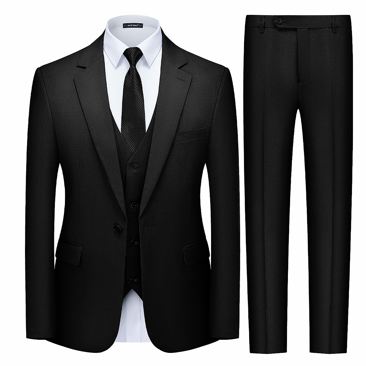 MAGE MALE Men's 3 Pieces Suit Slim Fit Notch Lapel One Button Business Wedding Party Solid Blazer Jacket Vest Pants Set with Tie Black