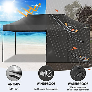 COBIZI 10x20 Heavy Duty Pop up Canopy Tent with 6 sidewalls Easy Up Commercial Outdoor Canopy Wedding Party Tents for Parties All Season Wind & Waterproof Gazebo with Roller Bag,Black(Frame Thickened)
