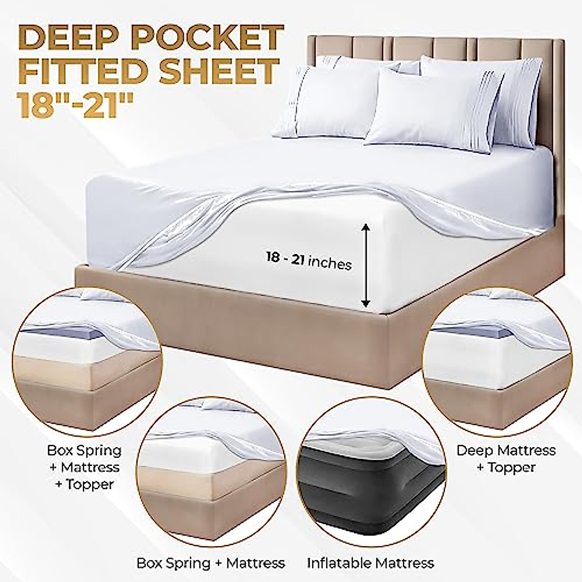 BLUENILEMILLS 1000 Thread Count Egyptian Cotton Sheets, Mattress Sheet Sets, Luxury Bedding, 1 Extra Deep Pocket Fitted Sheet, 1 Flat Sheet, 2 Pillowcases, Solid Pattern Bedsheets, Queen, White