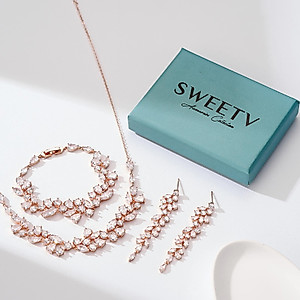 SWEETV Rose Gold Bridal Jewelry Set for Wedding, 3Pcs Long Floral Necklace Earring Bracelet Sets for Brides, Bridesmaids, Elegant Marquise and Cubic Zirconia Jewelry Set for Women Party Prom Gifts