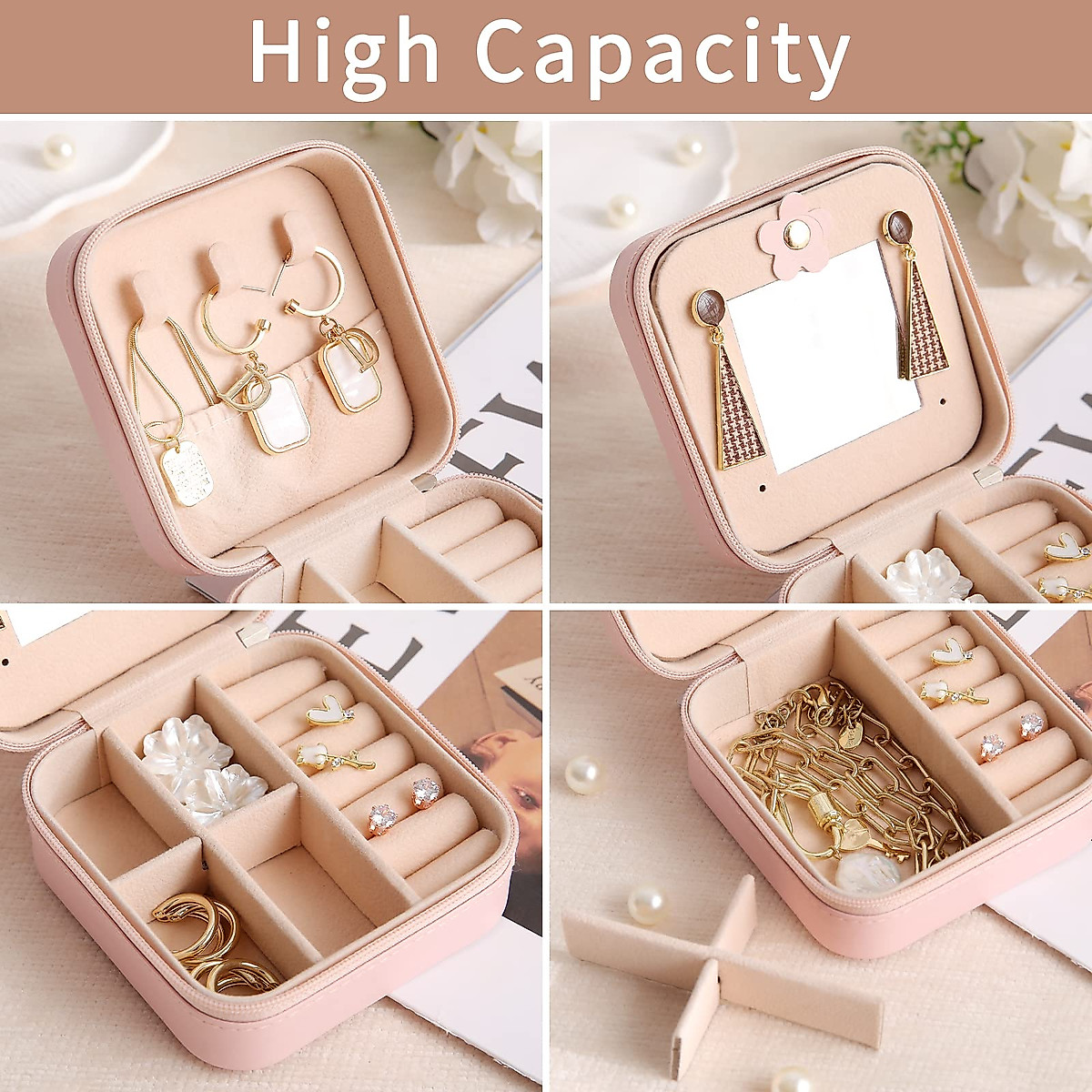 misaya Travel Jewelry Organizer Box 2 Pcs, Small Travel Jewelry Storage Case with Mirror, Mini PU Leather Jewelry Holder Boxes for Earrings, Rings, Necklaces, Gift for Women, Girls, Mother, Pink