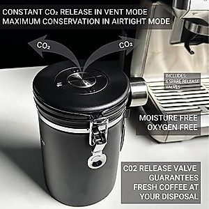 NoctiXus Stainless Steel Coffee Canister/Container for Airtight Food Storage with Date Tracker. Scoop and Release Valves Included. 22 Oz. Black