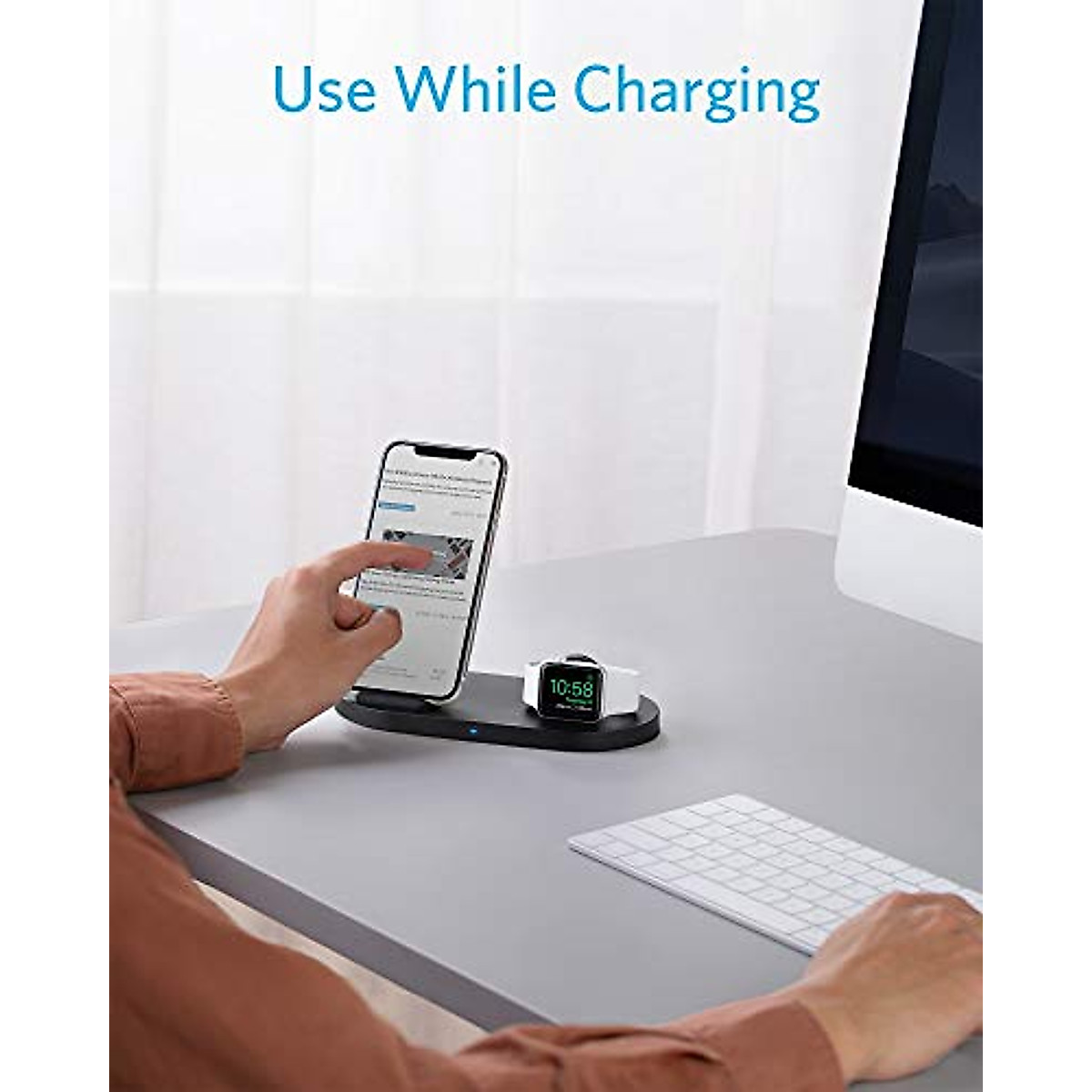 Anker Wireless Charging Station with QC Charger, PowerWave Sense 2-in-1 Stand with Watch Charging Holder for Apple Watch SE/6/5/4/3/2/1, iPhone SE 2020, 11, 11 Pro (Watch Charging Cable Not Included)