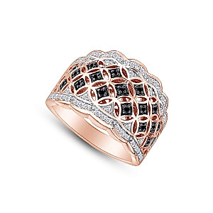 1/3 Carat Filigree Ring In Natural Black & White Diamond 14K Rose Gold Over Sterling Silver (0.33 Cttw, I2-I3 Clarity) Ring Size-10