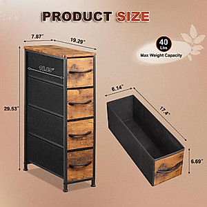 EKNKOZY Narrow Dresser Storage Tower with 4 Drawers, Slim Dresser Chest of Drawers with Steel Frame, Wood Top, Dresser for Bedroom, Bathroom, Small Spaces, Laundry, Closet (Rustic Brown)