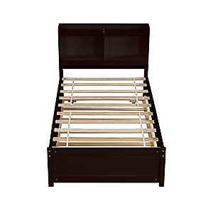 MERITLINE Twin Bed with Twin Size Trundle and Bookcase Headboard, Solid Wood Platform Beds with Storage for Kids Teens Adults, No Box Spring Needed (Twin Size, Espresso)