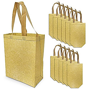 Gold Gift Bags - 12 Pack Large Gold Reusable Gift Bag Tote with Handles, Glitter Metallic Bling Shimmer, Eco Friendly for Birthday Parties, Bridesmaids, Party Favors, Grocery Shopping - 10x5x13