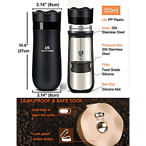 Portable French Press Travel Coffee Maker, Double Walled Stainless Steel Vacuum Insulated Coffee Maker and Tea Maker,12 Ounce, Mini Vacuum Mug Filter Coffee Cup for Travel (Black)