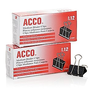 ACCO Binder Clips, Medium, Black, 12 per Box, 2 Boxes (72062)