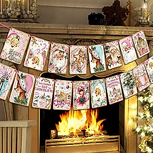 Pink Christmas Decorations Vintage Style Santa Claus Elk Gingerbread Banner Merry Christmas Hanging Banner for Home Office Party Fireplace Christmas Party Supplies