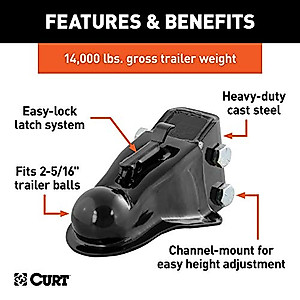 CURT 25330 Channel-Mount Adjustable Trailer Coupler, 2-5/16-Inch Hitch Ball, 14,000 lbs , Black