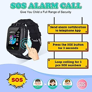 Kids Smart Watch, IP67 Waterproof LBS Positioning Watch HD Touch Screen, with SOS Two-Way Call Clock Camera SIM Card Slot Compatible with iOS and Android（Black）
