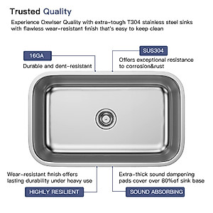 Kitchen Sinks, Oxwiser 30 inch Undermount Kitchen Sink, Single Bowl Kitchen Sink 16 Gauge Stainless Steel Sink, Fits 33" Cabinet