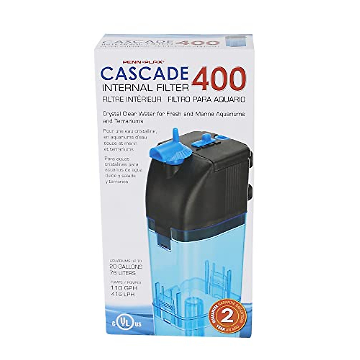 Penn-Plax Cascade 400 Fully Submersible Internal Filter – Provides Physical, Biological, and Chemical Filtration for Aquariums and Turtle Tanks
