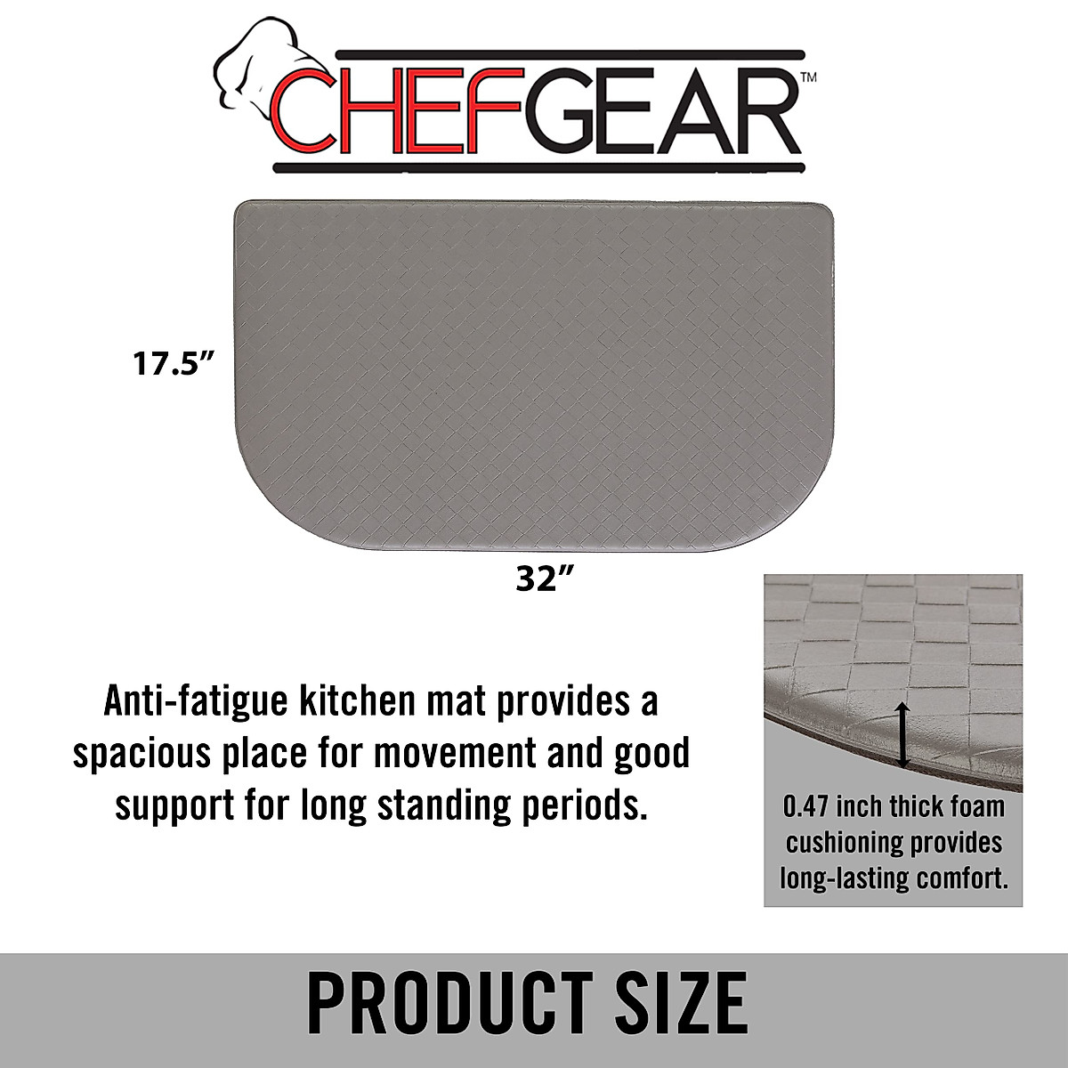 Chef Gear Anti Fatigue Kitchen Mat (17.5" x 32", Grey Wedge) Half Circle Basketweave Design, Non-Slip Cushioned Comfort Chef Mat, Standing Desk Mat/Rug for Relief & Support