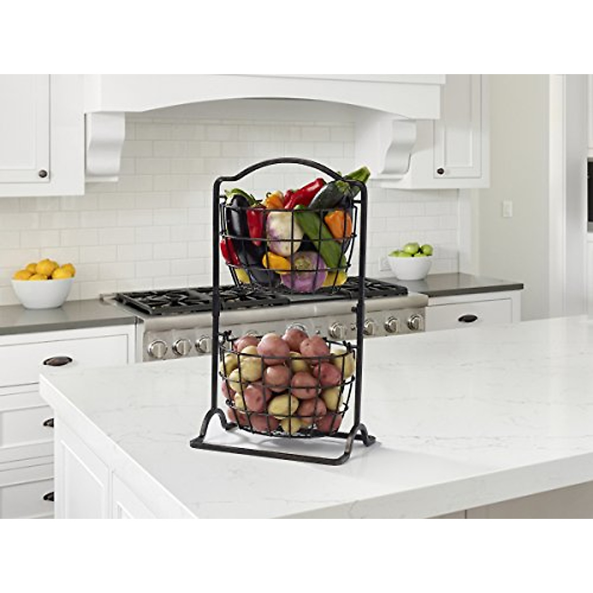 Gourmet Basics by Mikasa Harbor 2-Tier Metal Mini Countertop Fruit Storage Basket, Antique Black